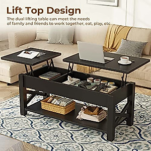 Rolanstar Coffee Table 47.2", 2 Way Lift Top Farmhouse Center Table with Hidden Compartment, Open Shelf & X Wooden Support for Living Room, Black
