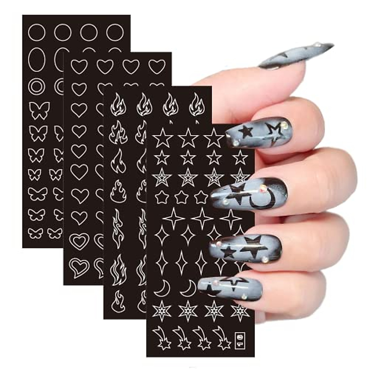 24 Sheets Airbrush Stencils Nail Stickers for Nail Art, French Nail Decals Printing Template Stencil Tool Moon Stars Heart Butterfly French Design Hollow (154 Designs)