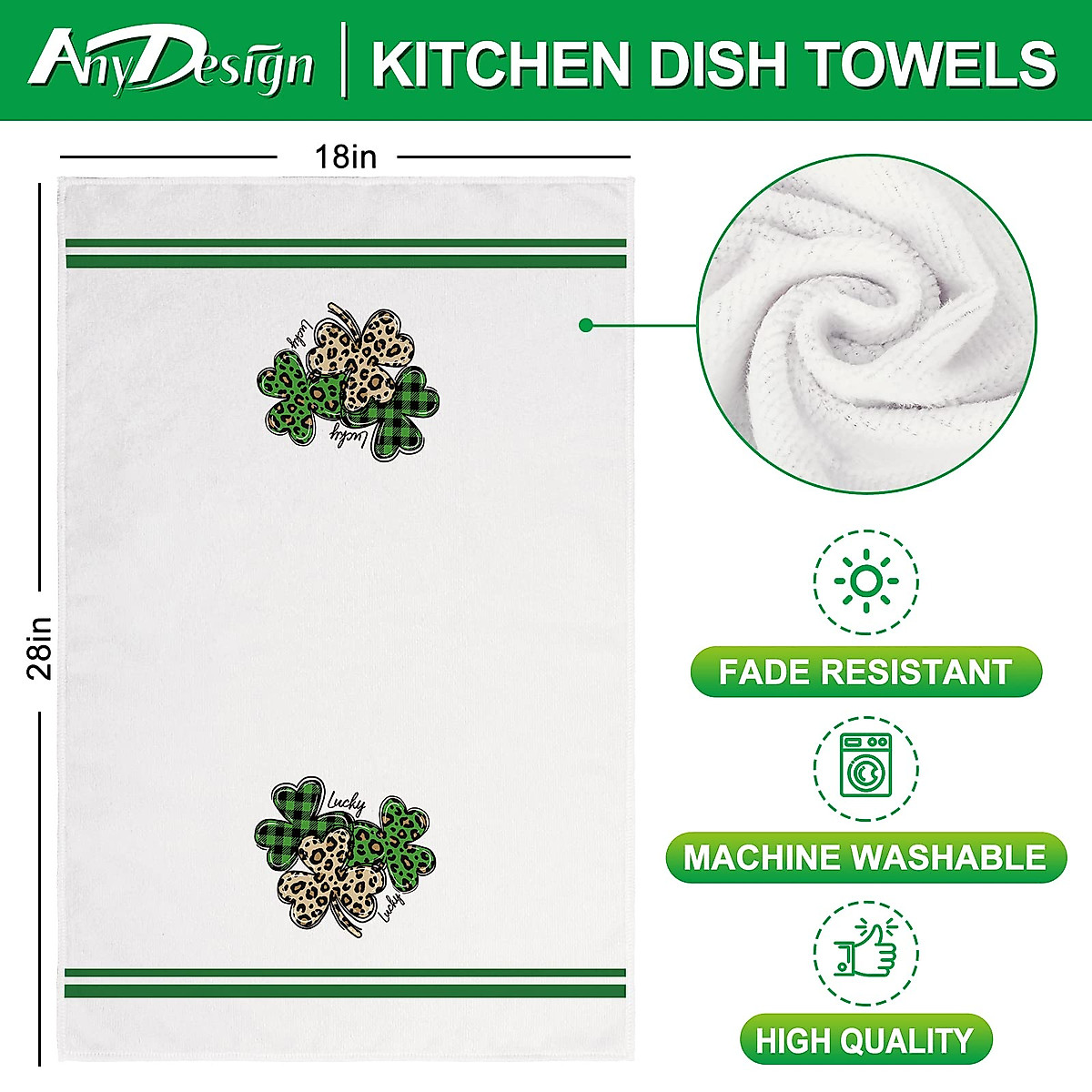AnyDesign St. Patrick's Day Kitchen Dish Towel 18 x 28 Inch Irish Gnome Shamrock Tea Towel Lucky Blessed Hand Drying Towel for Cooking Baking Cleaning Wipes, Set of 2