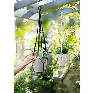 Macrame Plant Hanger Indoor Hanging with Wood Beads Macrame Planters No Tassel for Indoor Outdoor Boho Home Decor 35 Inch (Black,1pc)
