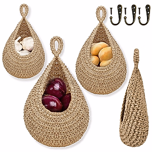 Hanging Fruit Basket for Kitchen, Boho Jute Hanging Baskets for Organizing, Hanging Wall Fruit Vegetable Baskets, Handwoven Decorative Hanging Kitchen Baskets for Potato, Onion Garlic