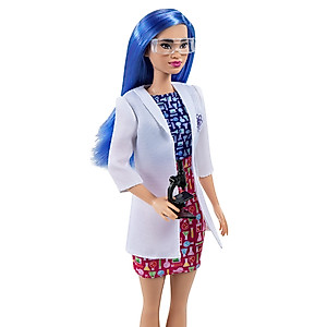 Barbie Careers Fashion Doll & Accessory, Scientist with Blue Hair Wearing Lab Coat & Flats with Microscope