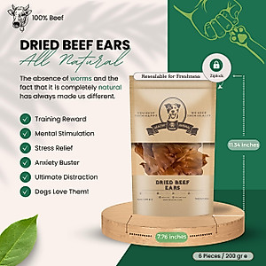 RAKUN Dried Beef Ears - 100% Natural Cow Ear Dog Chews - for Medium and Large Breed Dogs - Aggressive chewers - Pack of 1(6 Pieces)
