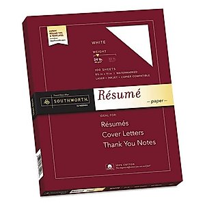 Southworth Products - Southworth - 100% Cotton Résumé Paper, 24 lbs., 8-1/2 x 11, White, 100/Box - Sold As 1 Box - 100% cotton fiber—perfect for any documents where prestige is the look and feel desired. - Strong and durable to withstand years of average