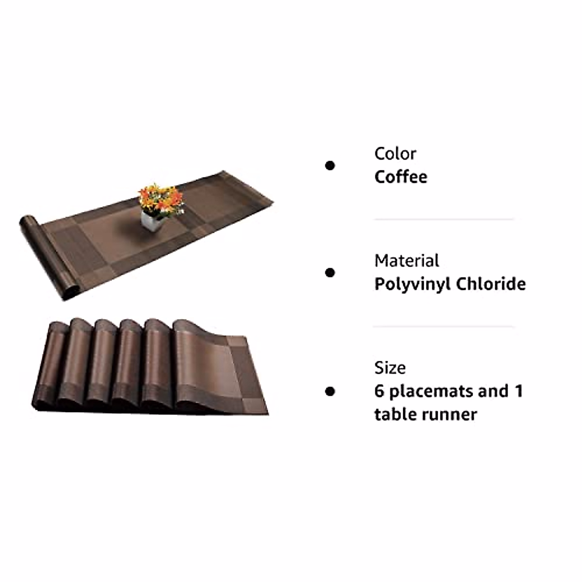 Placemats with Table Runner Sets Place Mats, Woven Crossweave Placemat Vinyl Kitchen Tablemat, Washable PVC Table Mats for Dining Table, Parties, Farmhouse, Thanksgiving, Christmas & Gathering (Brown)