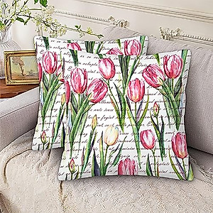 SKYDAWNY Pink Tulip Flowers Pillow Covers, Spring Throw Pillow Cases 18x18 in Square Pillowcases Set of 2 for Home Decorative Living Room Sofa Bedroom Outdoor,Double-Sided Design
