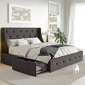 SHA CERLIN Upholstered Full Size Platform Bed Frame with 4 Storage Drawers and Wingback Headboard, Diamond Stitched Button Tufted Design, No Box Spring Needed, Dark Grey
