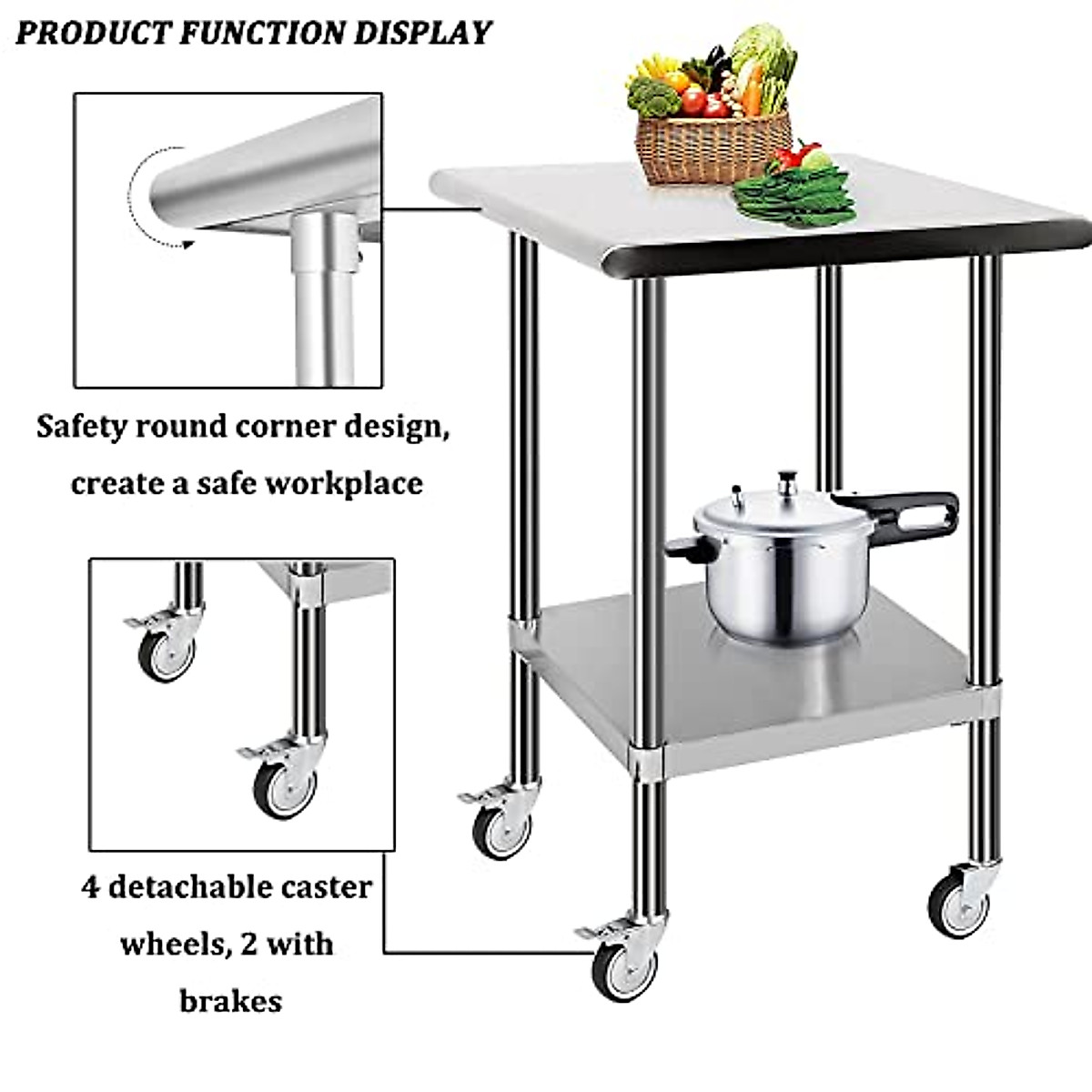 MYOYAY Stainless Steel Table for Prep & Work 24 x 24 x 36 Inches NSF Metal Commercial Table with Adjustable Under Shelf Heavy Duty Work Table with Wheels for Restaurant, Home and Hotel