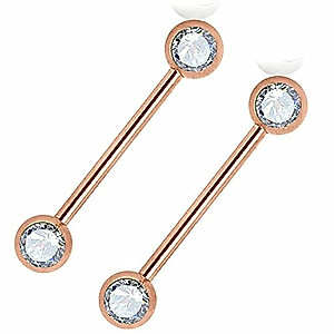 PAIR 14G 5/8" ROSE GOLD DOUBLE GEM STEEL NIPPLERING PIERCING BARBELL NIPPLE RING Style 88888-1096