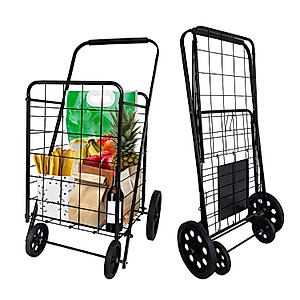 Metal Folding Grocery cart (Iron), Large Capacity Produce cart, Upgraded Rubber Big Iron Wheel, Stable wear-Resisting, Convenient and Lightweight, Bearing 50KG(Black)…