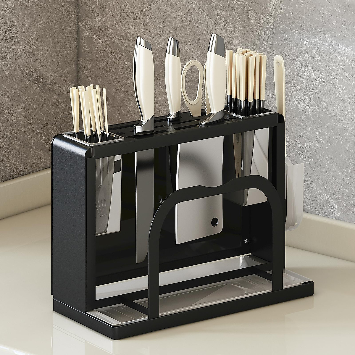 Universal knife holder, kitchen knife holder, storage rack, kitchen utensil rack, cutting board rack, pot cover bracket with anti slip pad suitable for countertop cabinets (black)