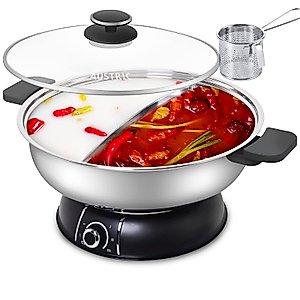 Austric Electric Shabu Shabu Hot Pot, 304 Stainless Steel Hot Pot with Divider Electric pot with Tempered Glass Lid for Party, Family Gathering,5L large capacity… (HS-160BU-Lift)