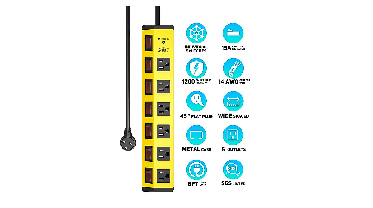 Power Strip with Individual Switches & Flat Plug - Heavy Duty Surge ...