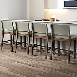 Nathan James Linus Modern Upholstered Counter Height Bar Stool with Back and Solid Rubberwood Legs in a Dark Brown Wood, Natural Light Grey/Brown, Set of 4