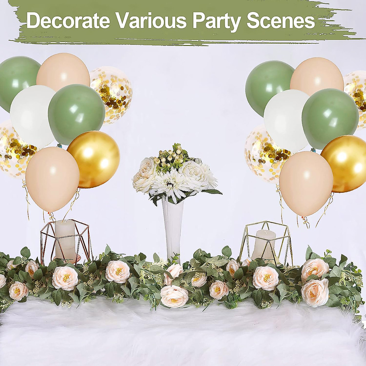 pugkloy 6.56ft Artificial Eucalyptus Garland with Fake Rose Flower Vine Seeded Eucalyptus Leaves and Sage Green Blush Nude Balloons, for Wedding Baby Bridal Shower Birthday Safari Party Decorations