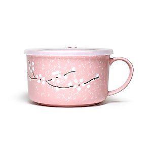 Microwavable Ceramic Noodle Bowl with Handle and Seal Fine Porcelain Sakura Snow Flake Floral Design (BlossomPink)