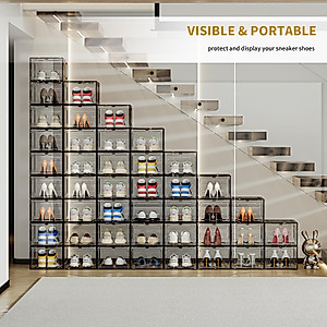 Upgraded Thickened Sturdy Large Shoe Boxes Clear Plastic Stackable 8 Pack Shoe Storage Organizer for Closet/Entryway, Drop front Shoe Box with Magnetic Door, Shoe Display Case, Fit up to US size 14