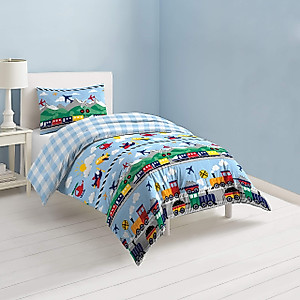 Dream Factory Kids 2-Piece Easy-Wash Super Soft Cotton Comforter and Pillow Sham Set, Twin, Blue Trains and Planes