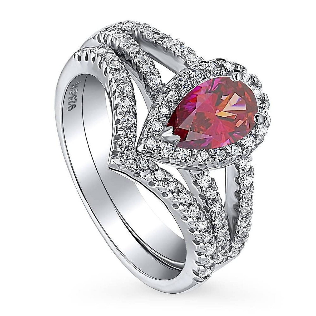 BERRICLE Sterling Silver Halo Wedding Engagement Rings Red Pear Cut Cubic Zirconia CZ Split Shank Ring Set for Women, Rhodium Plated Size 4