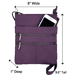 Roma Leathers Mini Body Purse - Multi Pocket Double Zipper Cross Body Handbag - Premium Purple Leather - Adjustable Shoulder Strap - Convenient Travel Bag - Designed in the U.S.A.