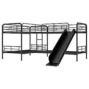 YuiHome L-Shaped Bunk Beds with Slide and Ladder, Metal Quad Bunk Beds, 4 in 1 Twin Size Bunk Bed for Kids, Teens, Adults,Black