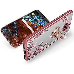 B-wishy Nokia G300 5G Glitter Case - Slim Butterfly Floral TPU, Luxury Bling Diamond, Ring Stand + Strap (Rose Gold)