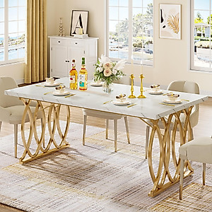 Tribesigns Modern Dining Table for 4-6 People, 63" Large Rectangular Kitchen Table with Faux Marble Tabletop and Gold Geometric Legs, Unique Dinner Table Kitchen & Dining Room Furniture, White & Gold