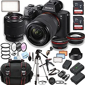 Sony a7 III Mirrorless Camera with 28-70mm Zoom Lens + 2pcs 64GB Memory + LED Video Light + Case+ Tripod + Steady Grip Pod + Filters + Macro + 2X Lens + 2X Batteries + Accessory Bundle