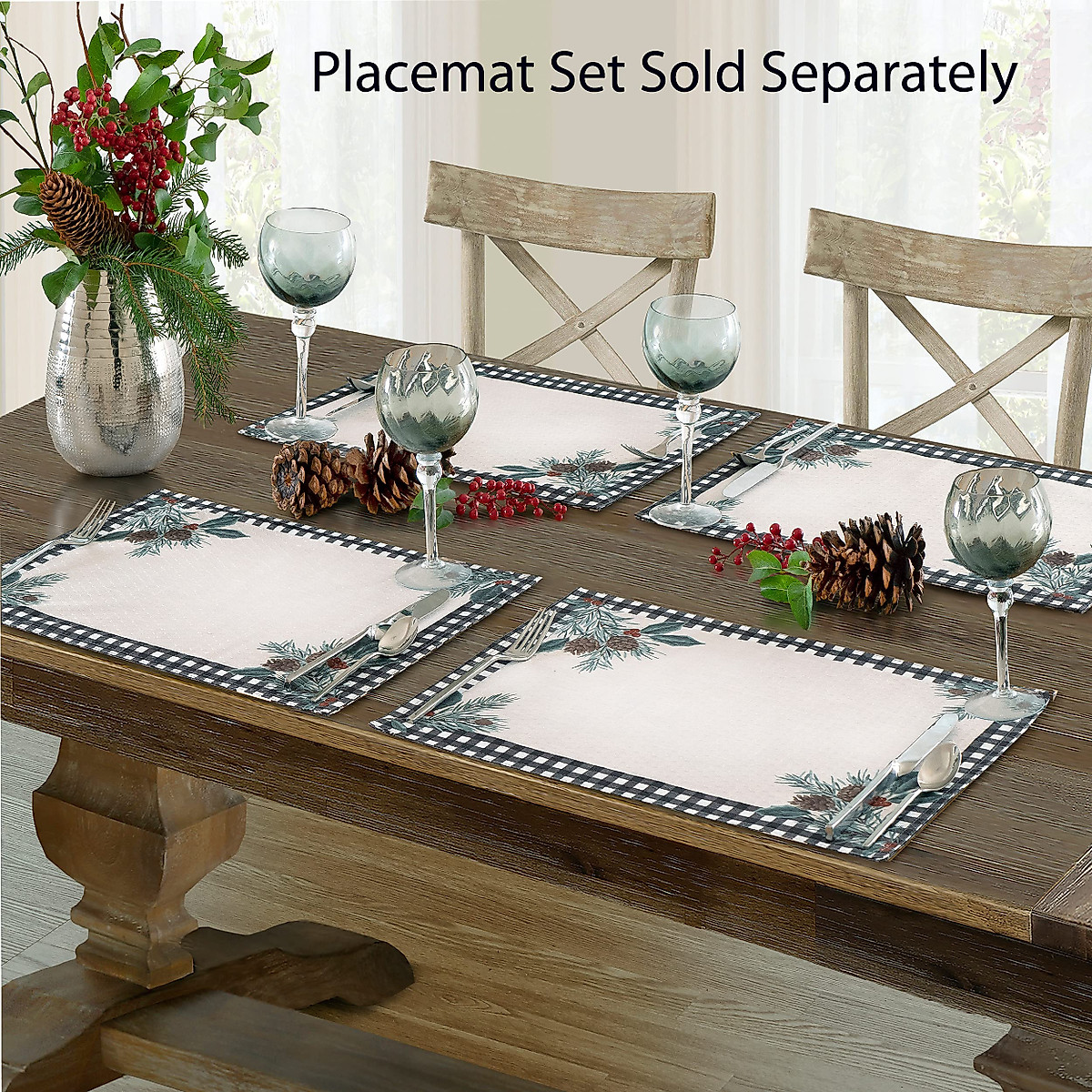 Lintex Festive Berry Black Plaid Country Rustic Bordered Christmas Tablecloth, Cottage Check and Holly Bordered Xmas and Holiday Print Easy Care Fabric Tablecloth, 70 Inch Round