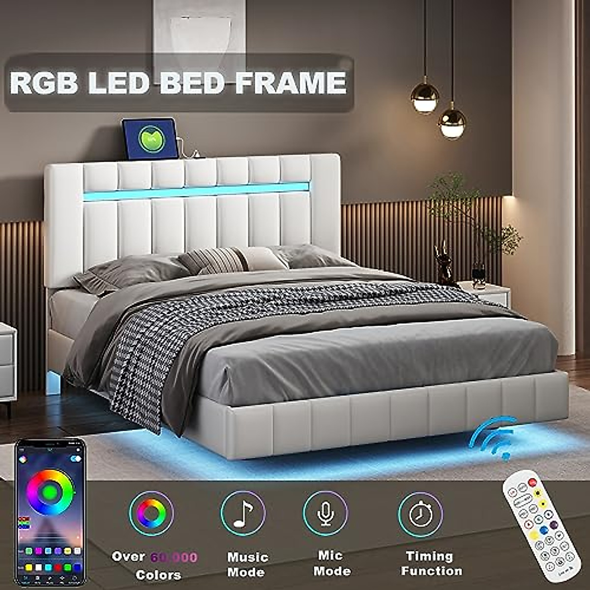 Modern Upholstered Platform LED Bed Frame, Queen Size Upholstered Bed with LED Lights and USB Charging, Floating Bed Frame with Wood Slats Suooprt, No Box Spring Needed (White, Floating Bed Frame 6)