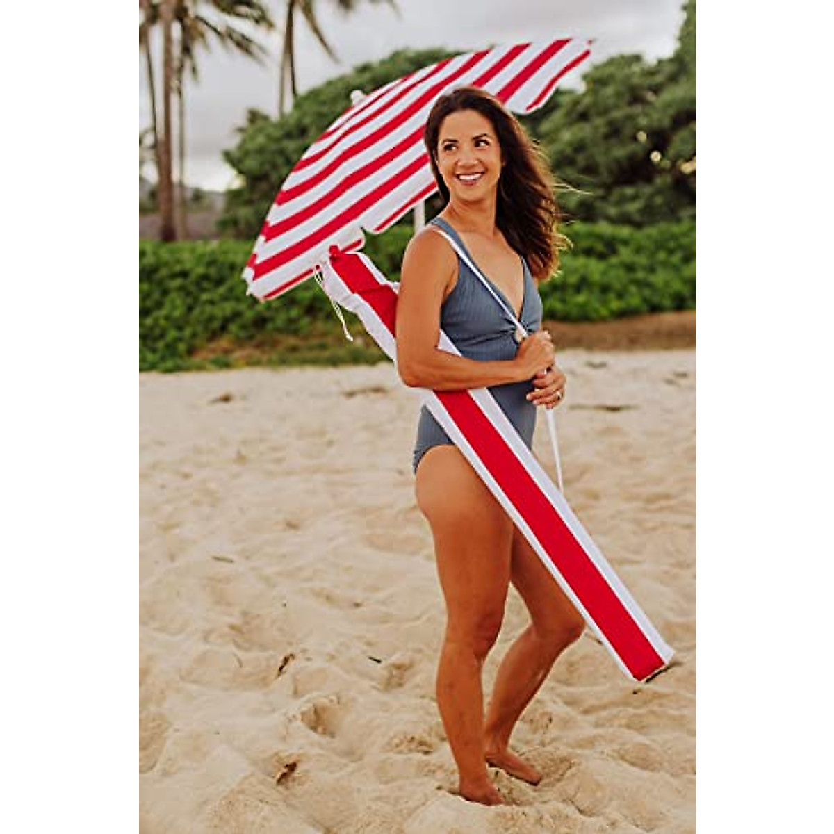 PICNIC TIME ONIVA - a Brand Outdoor Canopy Sunshade Beach Umbrella 5.5' - Small Patio Umbrella - Beach Chair Umbrella,Red & White Cabana Stripe,822-00-336-000-0