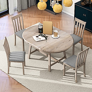 FIQHOME 5-Piece, Round Extendable Upholstered Chairs, Table Set for 4 Person for Dining Room (Natural Wood Wash)