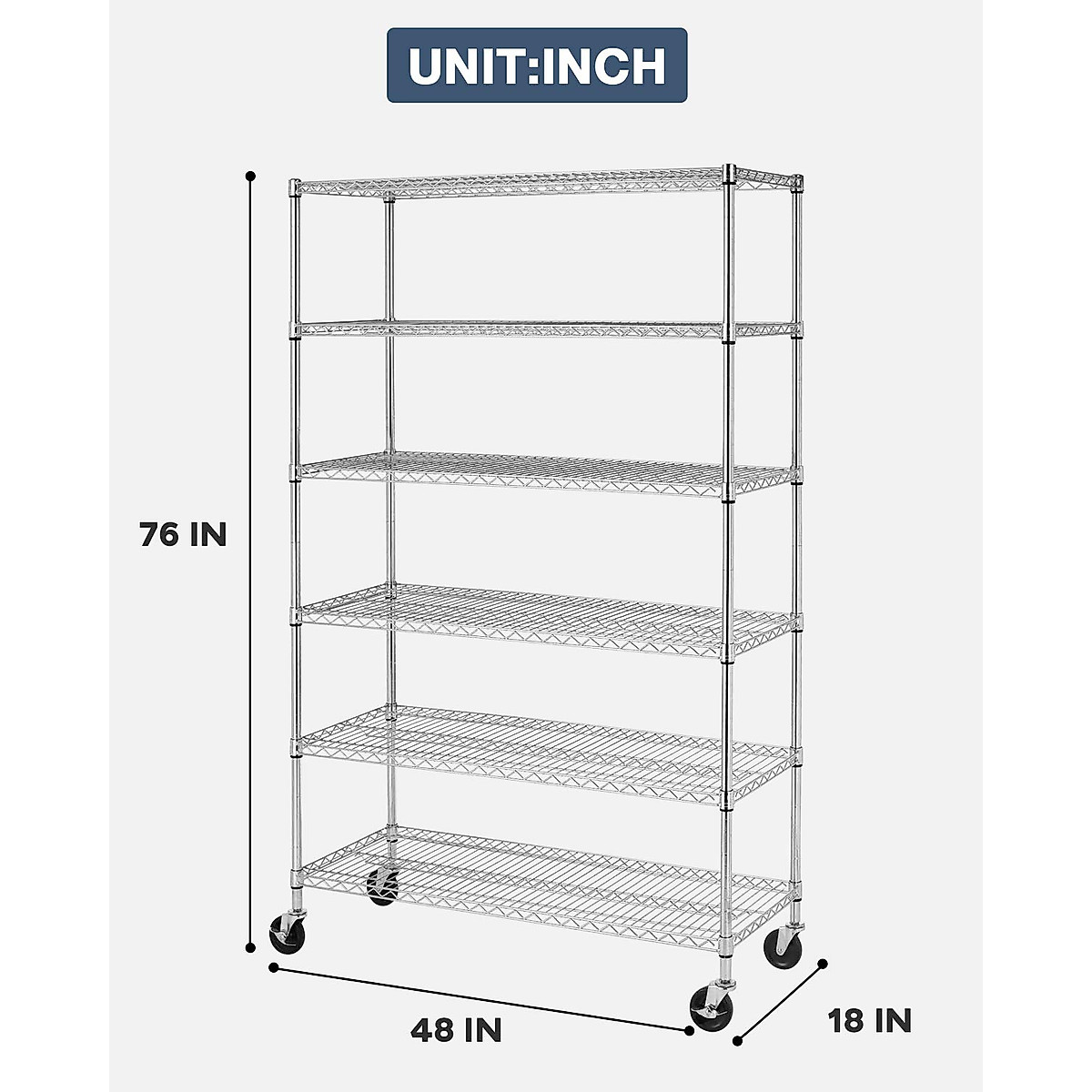 BestMassage with Wheels 6 Adjustable Heavy Duty Metal Shelves Storage Unit Shelf,6000 LBS 18x48x76, Chrome
