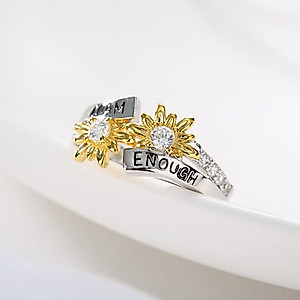 Daisy Flower Band Rings for Women I AM Enough Encouragement Inpiration Mantra Graduation Fashion Cubic Zirconia Statement Stacking Middle Knuckle Finger Ring Daughter Bff Fashion Birthday Valentine's Day Sweet CZ Crystal Gifts (10)