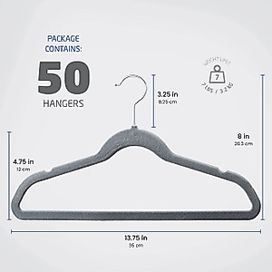 Zober Velvet Kids Hangers for Closet - Pack of 50 Non Slip Childrens Hangers for Shirts, Pants & Dresses w/Swivel Hook - Durable Kids Clothes Hanger w/Notches - Small Hangers - Gray