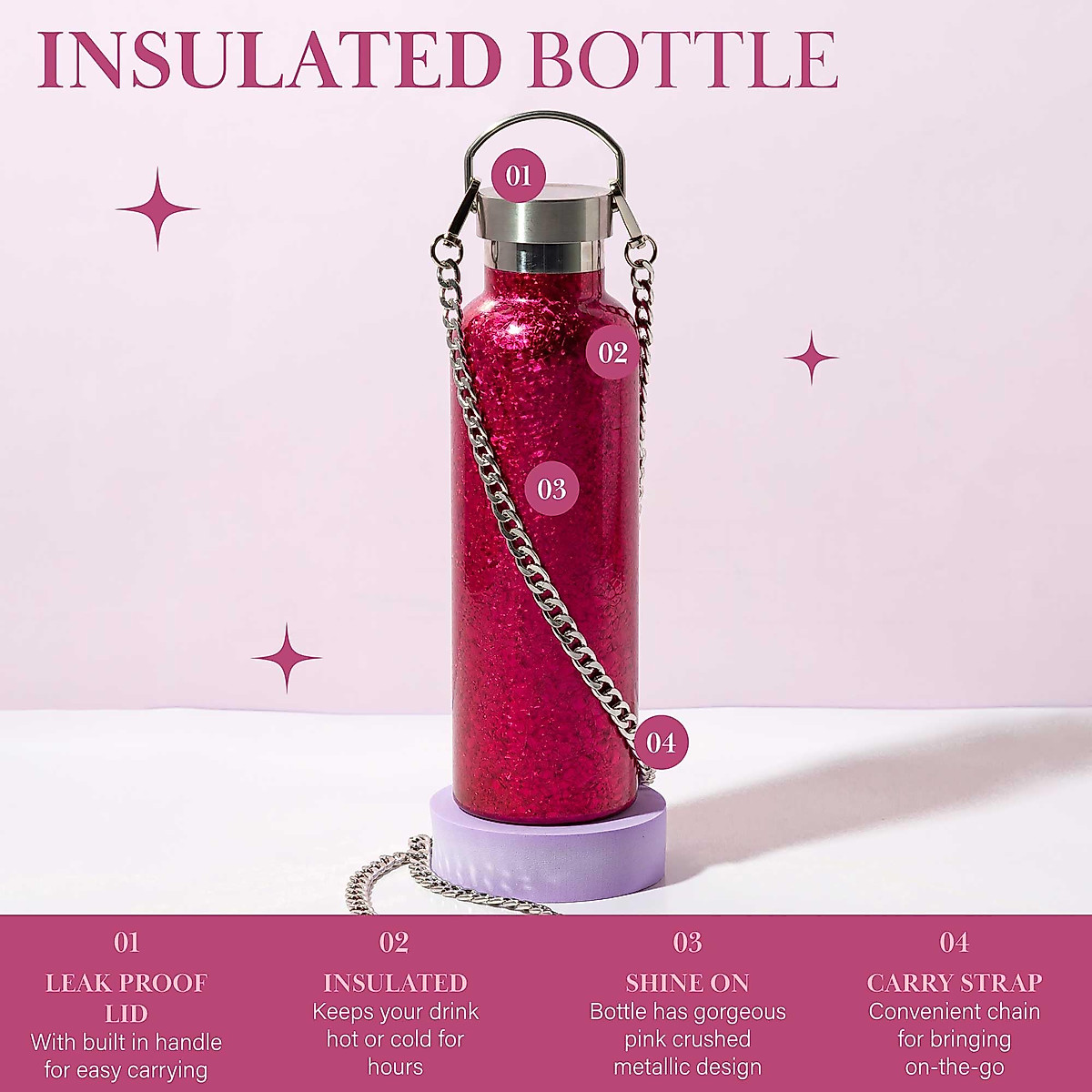 Paris Hilton Diamond Bling Water Bottle with Lid and Removable Carrying Strap, Stainless Steel Vacuum Insulated, Crackle Design, 25-Ounce, Pink Crackle
