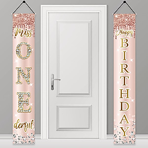 1st Birthday Decorations Miss Onederful Happy Birthday Door Banner for Baby Girls, First Birthday Porch Sign Party Supplies, Pink Rose Gold Happy One Year Old Birthday Decor for Indoor Outdoor