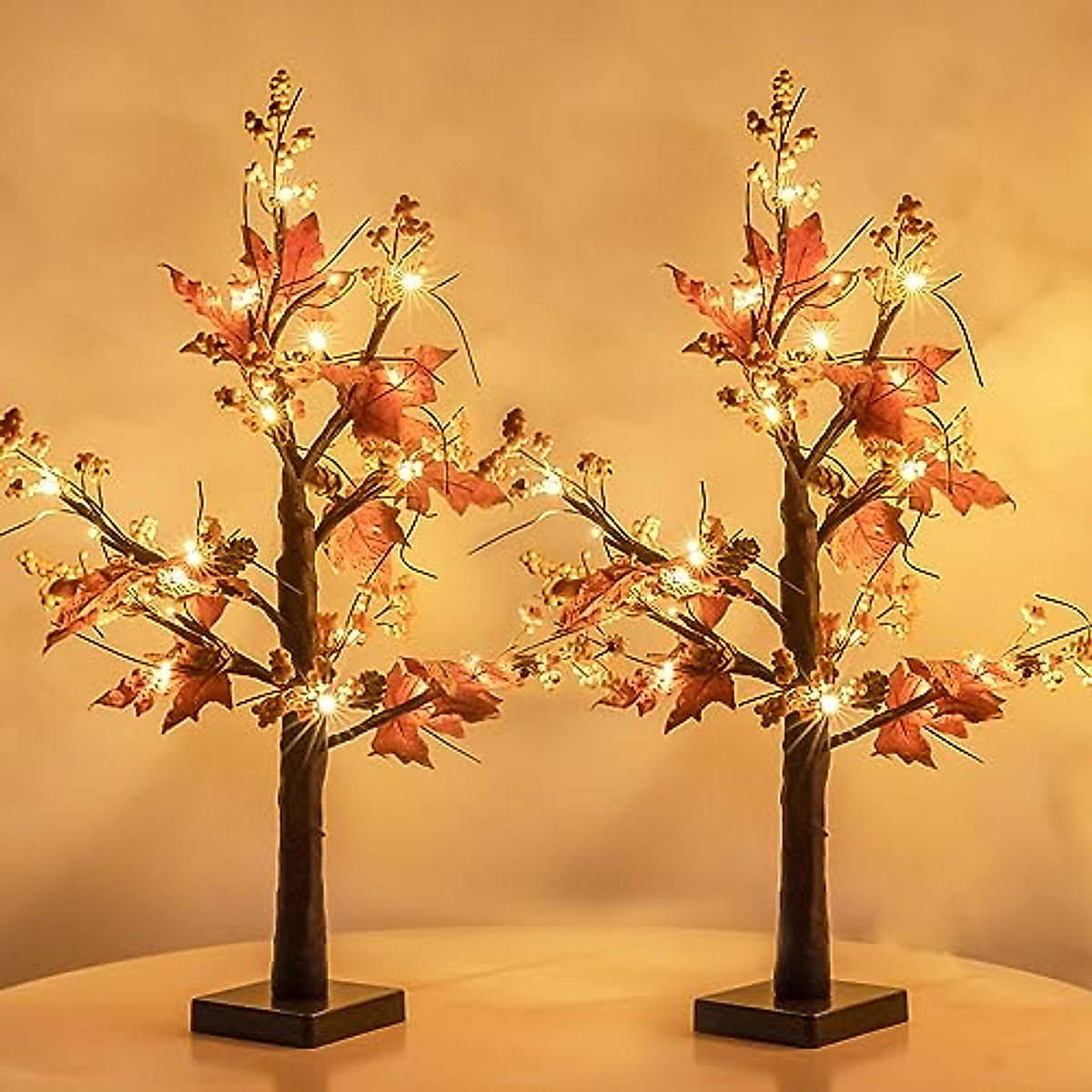 Ethlomoer 2 Pack 24 Inch Artificial Fall Maple Tree, Prelit 48 LEDs for Thanksgiving Decorations Fall Decor, Battery Operated with Timer, Lighted Autumn Tabletop Tree for Harvest Home Indoor Decor
