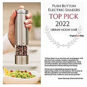 Electric Salt and Pepper Grinder Set - Battery Operated Stainless Steel Mill with Light (2 Black Mills) - Automatic One Handed Operation - Electronic Adjustable Shakers - Ceramic Grinders