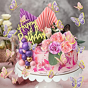 99 Pcs Purple Pink Cake Decorations Ball Butterfly Palm Leaves Flowers Happy Birthday Cake Topper Boho Cake Decorations Purple Pink Party Supplies for Wedding Baby Shower Birthday