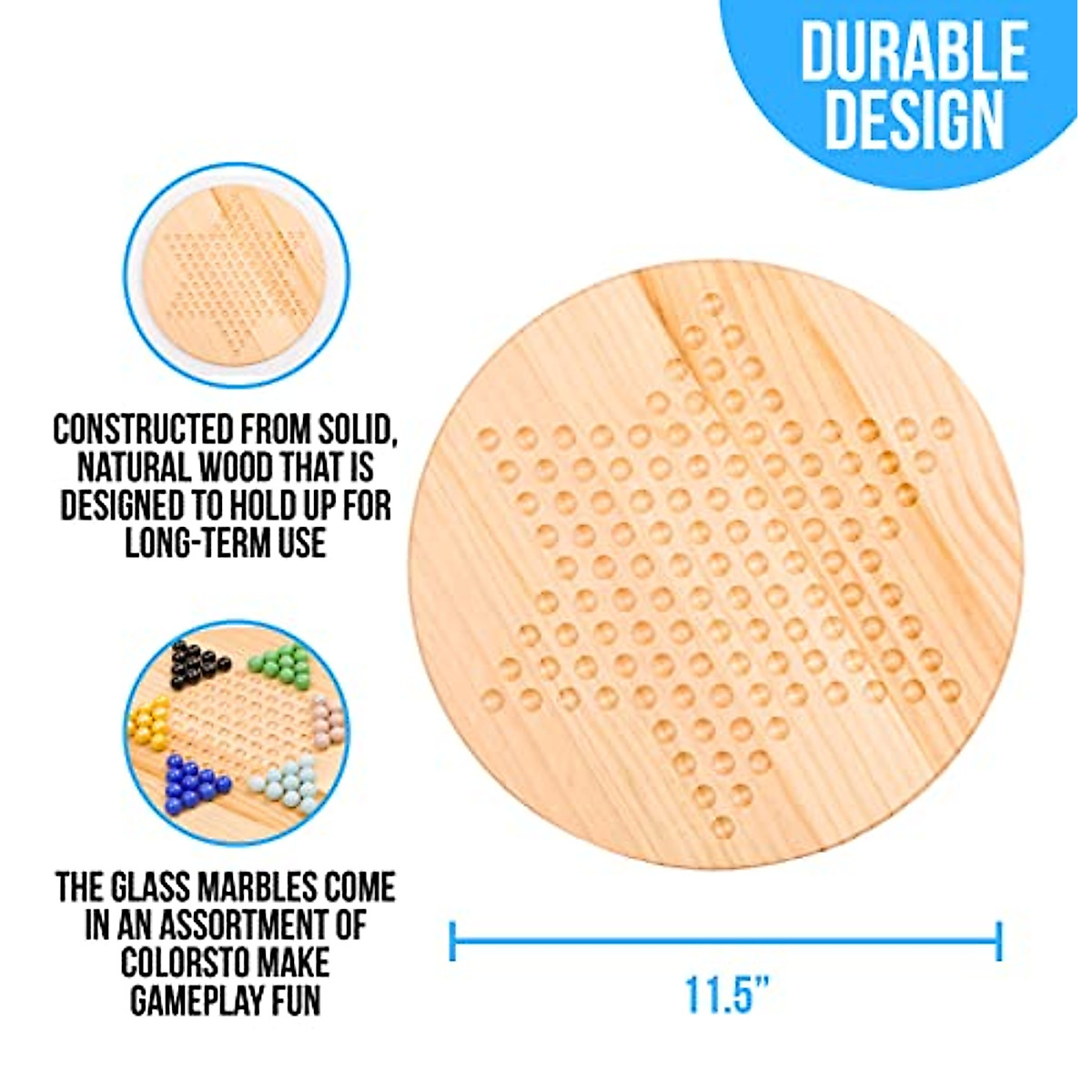 Regal Games - Chinese Checkers -11.5” Natural Wood Game Board with 60 Glass Marbles Assorted, Fun, Family-Friendly Board Game - Ideal for Up to 6 Players Ages 8+