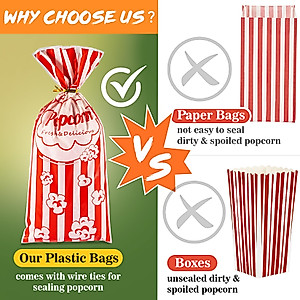 MAQIHAN 100 Popcorn Bags Individual Servings - Plastic Popcorn Individual Food Bags with Twist Tie Pop Corn Party Popcorn Sleeves Bulk Bar Snack Containers Nostalgia Gift Packs Movie Night Supplies