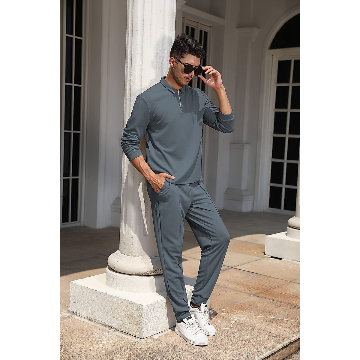 FZNHQL Men's Tracksuits 2 Piece Casual Work Polo T Shirts and Pants Golf Outdoor Running Jogging Outfit Sport Suit Fall Winter Sweatsuit Clothing Dark Grey 3XL