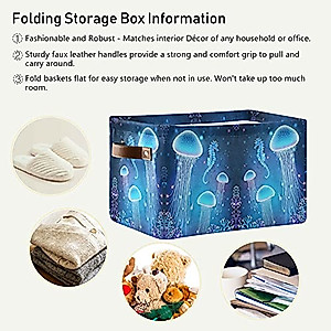 Oyihfvs Glowing Blue Jellyfish Underwater Seahorse World Square Shelves Storage Basket Bin, Waterproof Laundry Hamper Bucket, Baby Nursery Organizer with Handles for Toys Clothes Room Closets