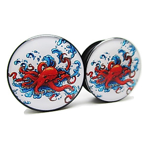 Red Octopus Ear Plugs - Acrylic Screw-On - 10 Sizes - Brand NewPair (13/16" (20mm))