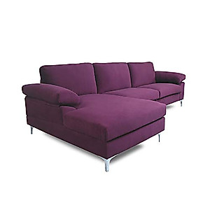 ERYE Soft Velvet Sofa with Left Lounge Chaise, L-Shaped Corner Upholstered Couch W/Pillow-Top Armrest & Silver Metal Legs for Living Room Furniture Sets Sectional, Purple 103.5" W