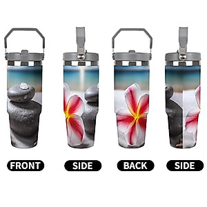 BWQJKUO Large Capacity Car Cup 30 Oz Stainless Steel Tropical Flower And Zen Stone Printed Travel Mug Leak-proof Flip Straw Tumbler with Handle,keeps Cold Or Ho
