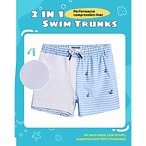 maamgic Boys Swim Trunks with Compression Liner Toddler Stretch Swim Shorts Quick Dry Swimming Trunks Boxer Brief 2 in 1 Beach Shorts White Blue Striped 5/6