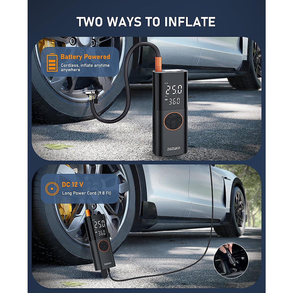 Tire Inflator Portable Air Compressor, 150PSI Fast Cordless Bike Tire Pump, Battery & 12V DC Dual Power Bike Pump with Digital Pressure Gauge, LED Light for Cars, Motorcycles, Bicycles, Balls and More