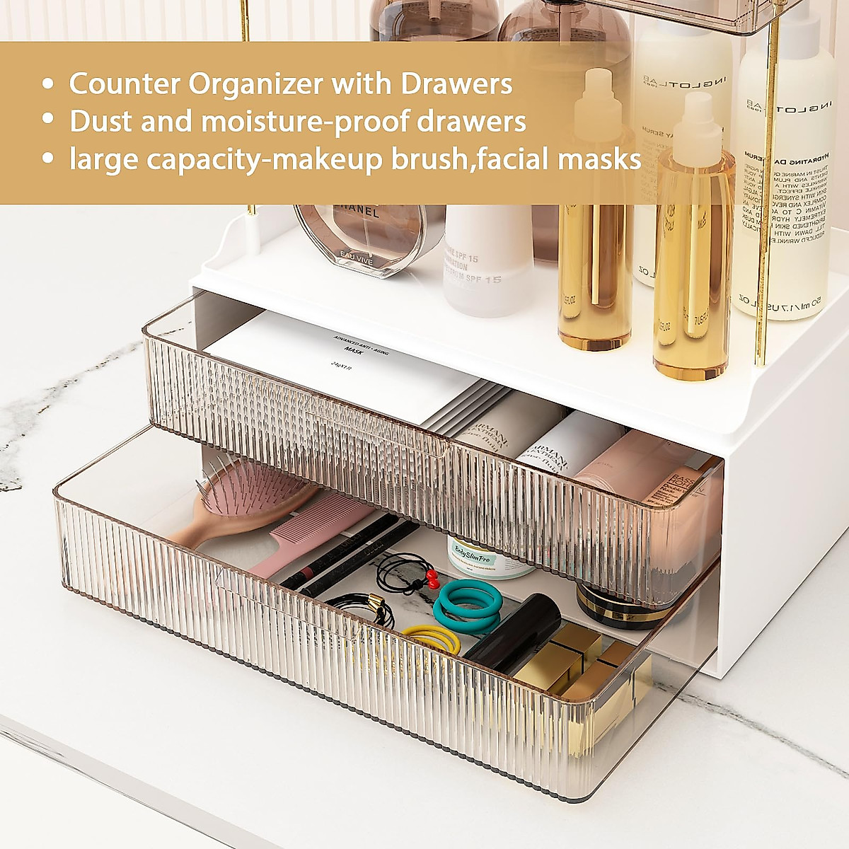 Webetop Bathroom Counter Organizer, Large Makeup Organizer Countertop, Multi-Purpose Vanity Organizer Countertop with 2 Drawers for Storage, Cosmetics, Perfume, Toiletry (Amber)